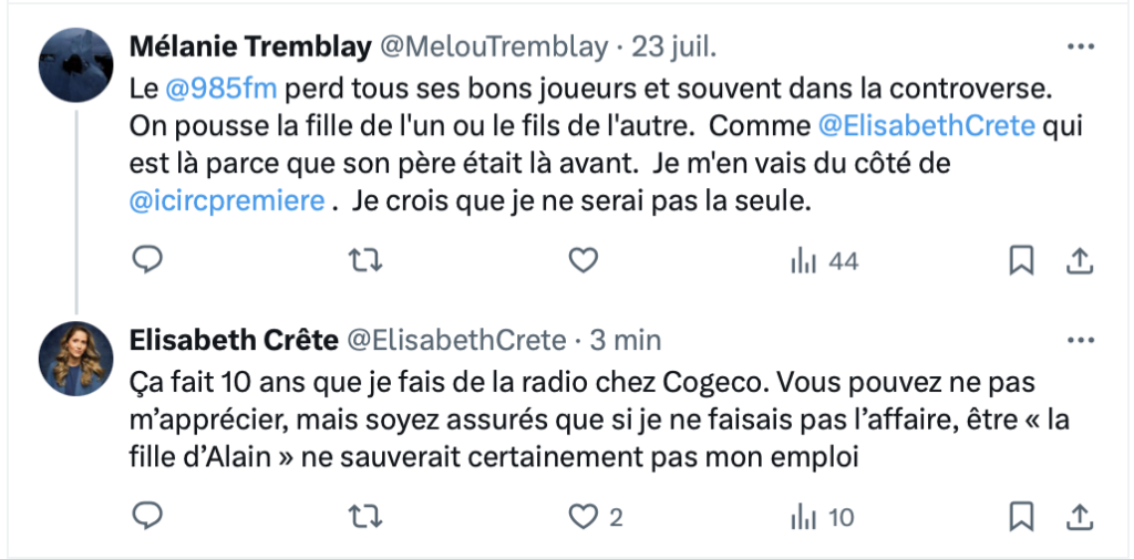 Elisabeth Crête répond à un tweet qui l'accuse d'être fille à papa ...