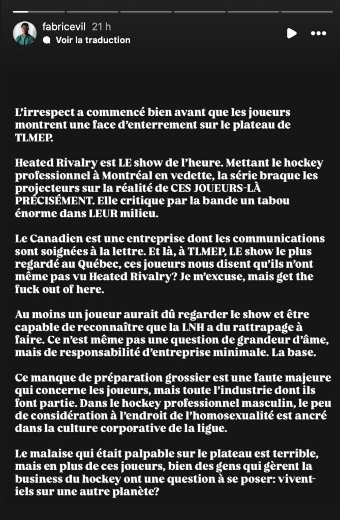Fabrice Vil sur les 4 douchbags du CH, Heated Rivalry et le silence ...