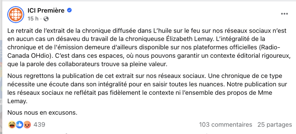 Ici Première s'excuse mais pas tant que ça sur Élizabeth Lemay! - La ...