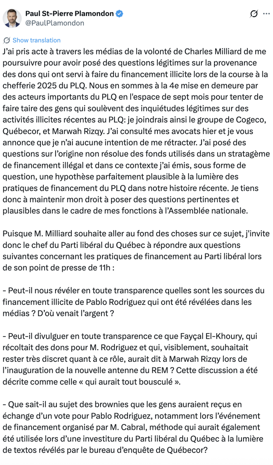 PSPP sur les menaces de Milliard et du PLQ! - La Clique du Plateau